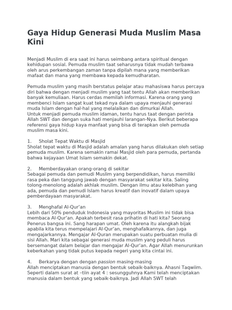 Gaya Hidup Generasi Muda Muslim Masa Kini | PDF
