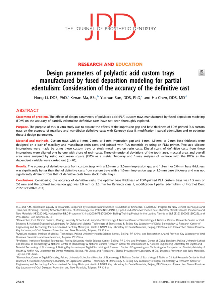 Design Parameters of Polylactic Acid Custom Trays | PDF | Dentistry