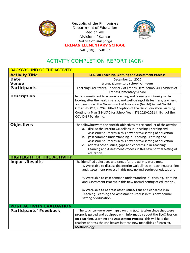 ACR (SLAC On Teaching, Learning and Assessment Process) | PDF | Learning | Teachers
