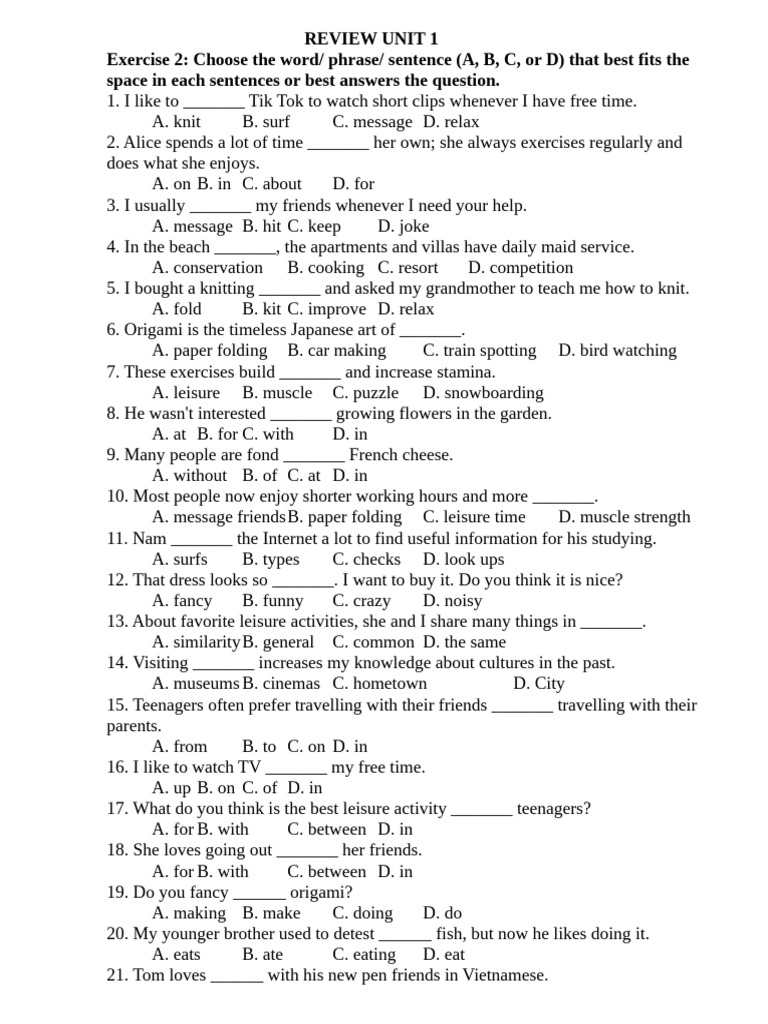 Review Unit 1 | PDF | Hobbies