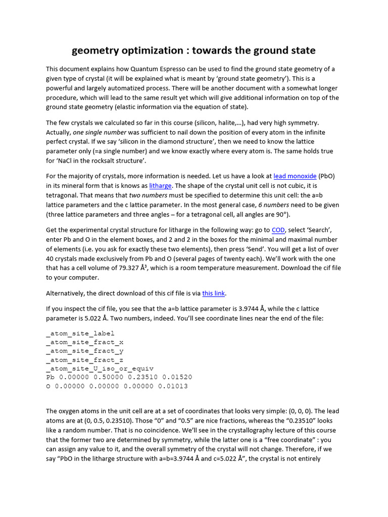 Project - 05a - Geometry Optimization Ground State | PDF | Crystal ...