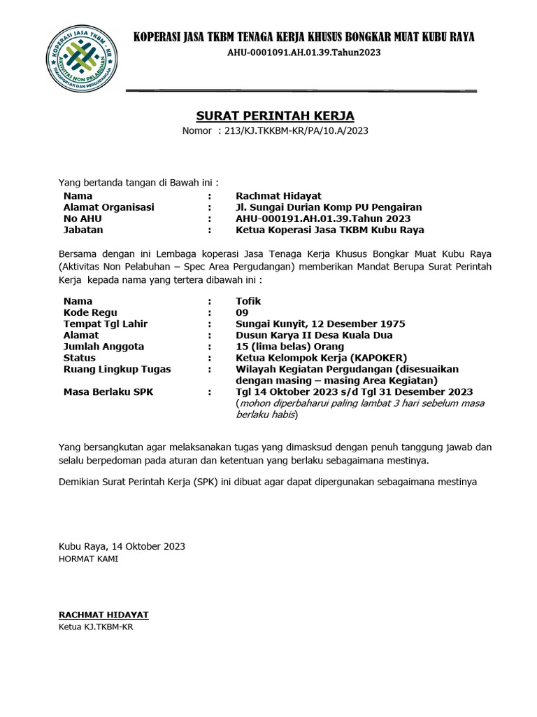 213 Surat Perintah Kerja Tofik | PDF