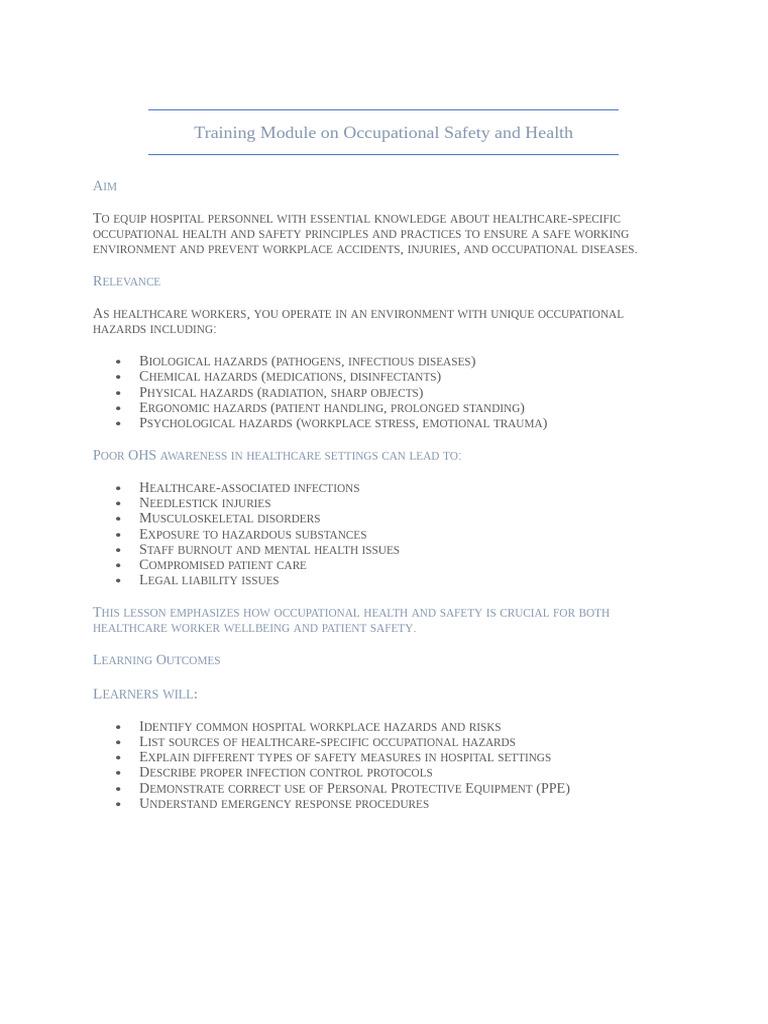 Training Module on Occupational Safety and Health | PDF | Occupational ...