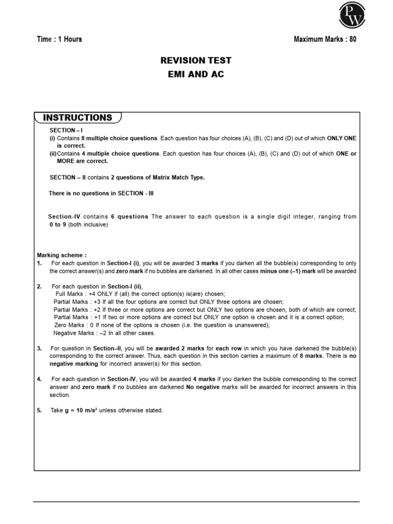 EMI and AC Physics Test | PDF | Inductor | Voltage