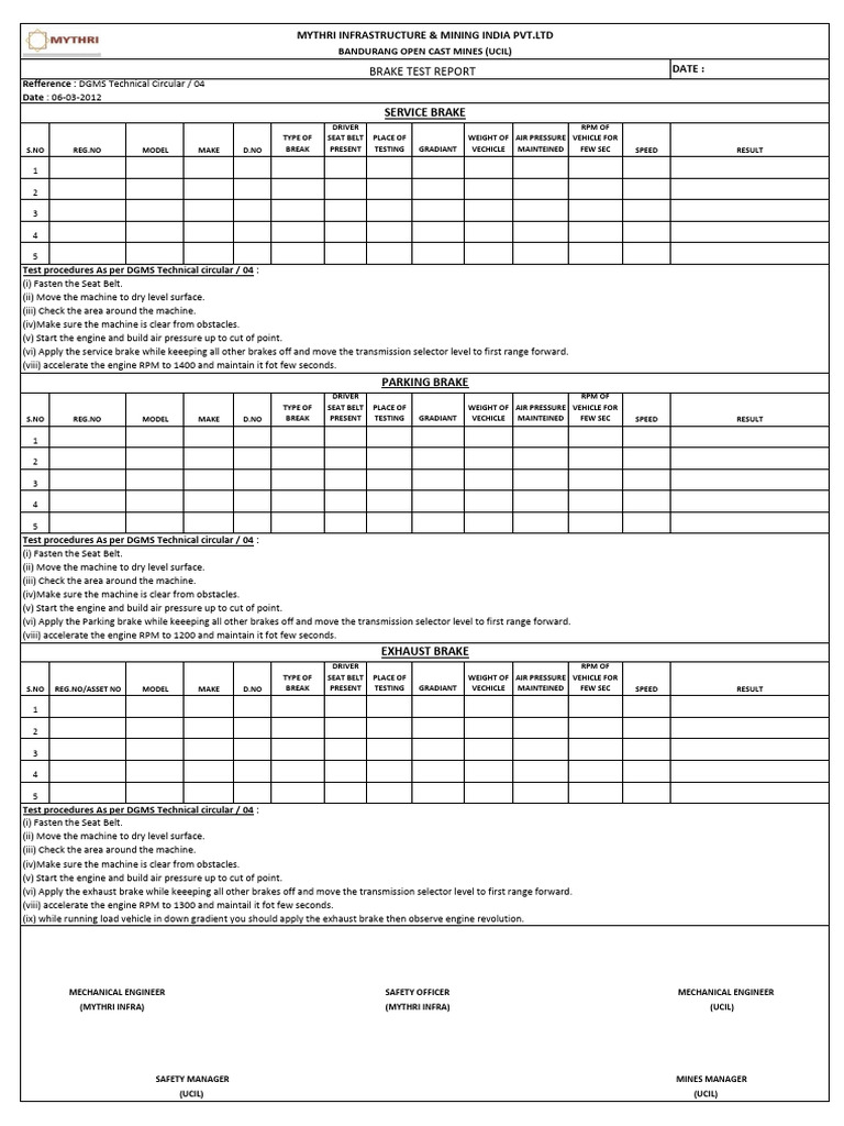 1.Break Testing Formate | PDF | Brake | Vehicles