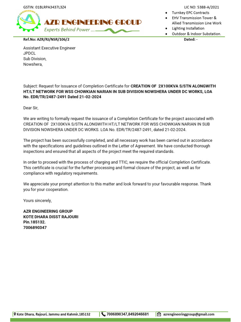 Letter For Completion Certificate For 106-1 | PDF