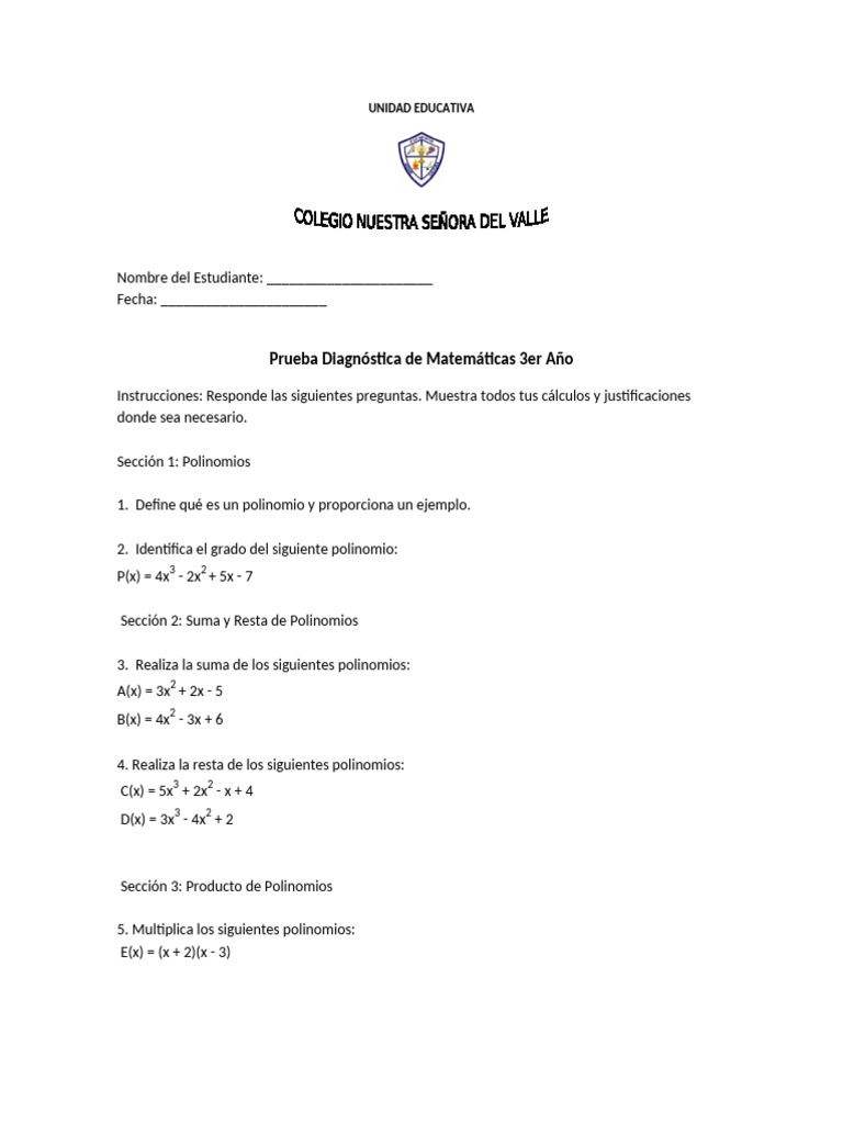 Prueba Diagnóstica de Matemáticas 3er Año | PDF