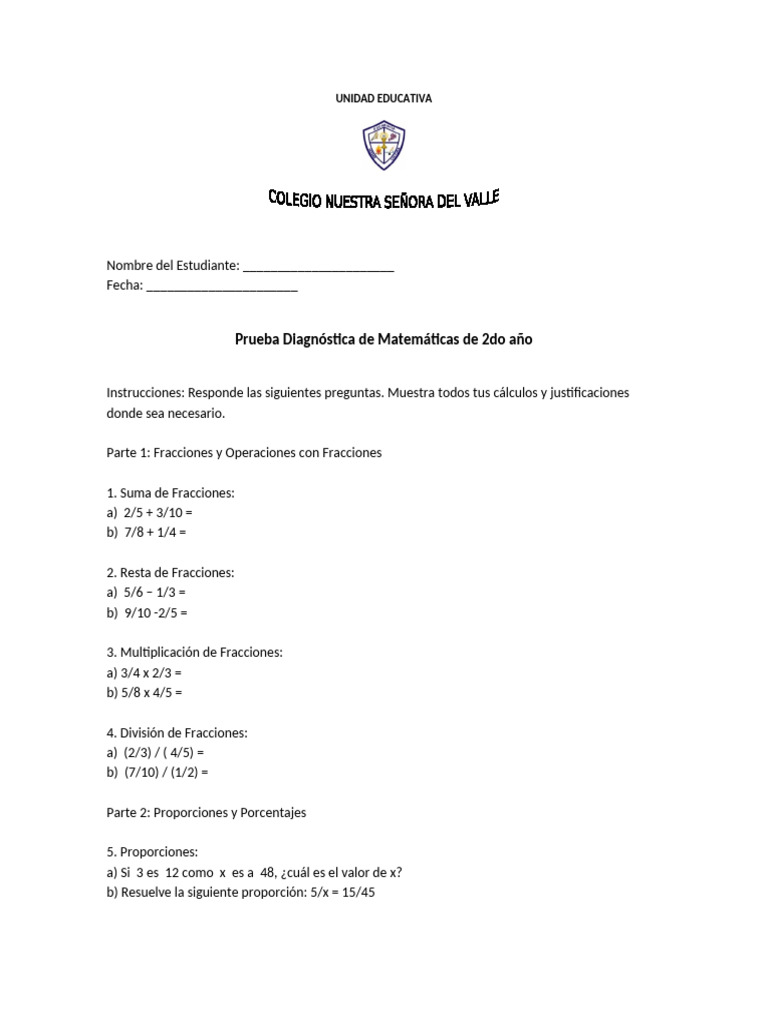 Prueba Diagnóstica de Matemáticas de 2do Año | PDF | Tecnología