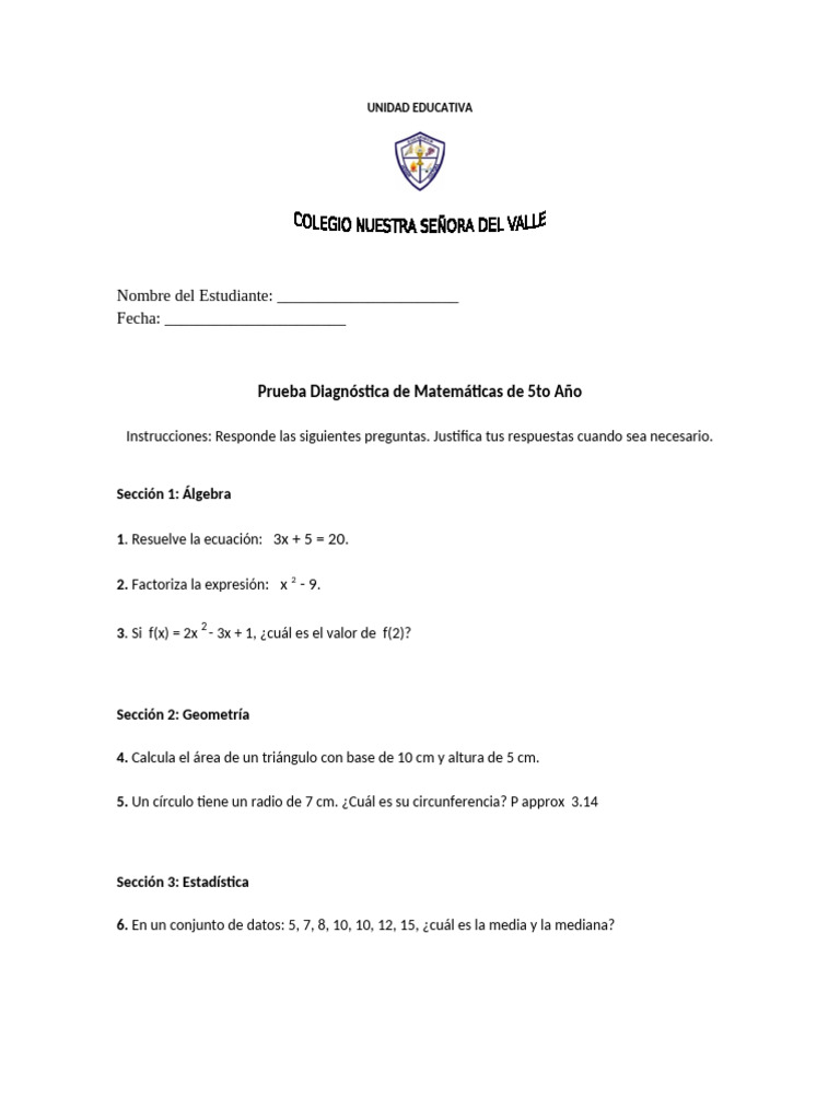 Prueba Diagnóstica de Matemáticas de 5to Año | PDF