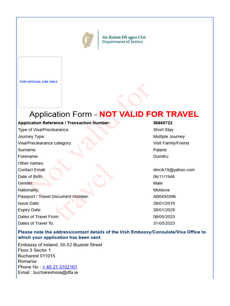 Application Form NOT VALID FOR TRAVEL | PDF | Travel Visa | Government ...