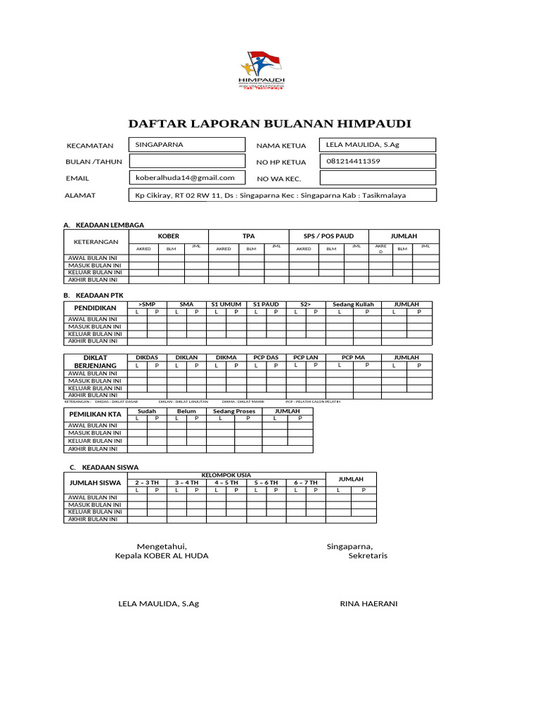 Laporan Bulanan Himpaudi KB AL HUDA | PDF