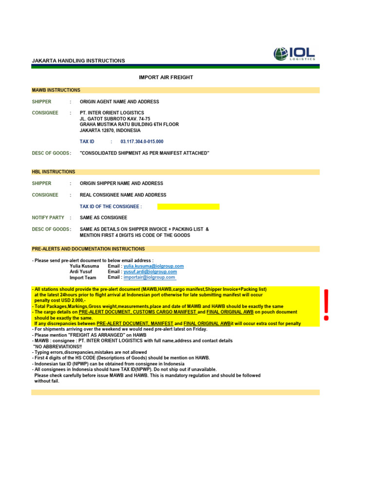 Routing Instructions - Import Air (Jakarta) | PDF | Cargo | Freight ...