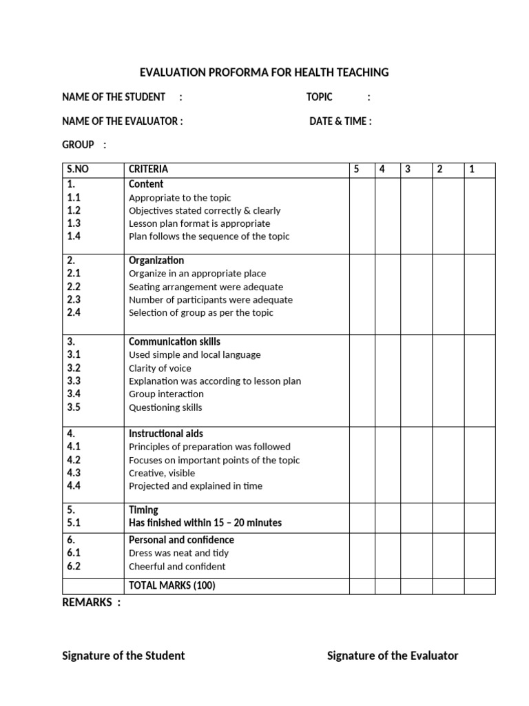 Proforma For Health Teaching | PDF