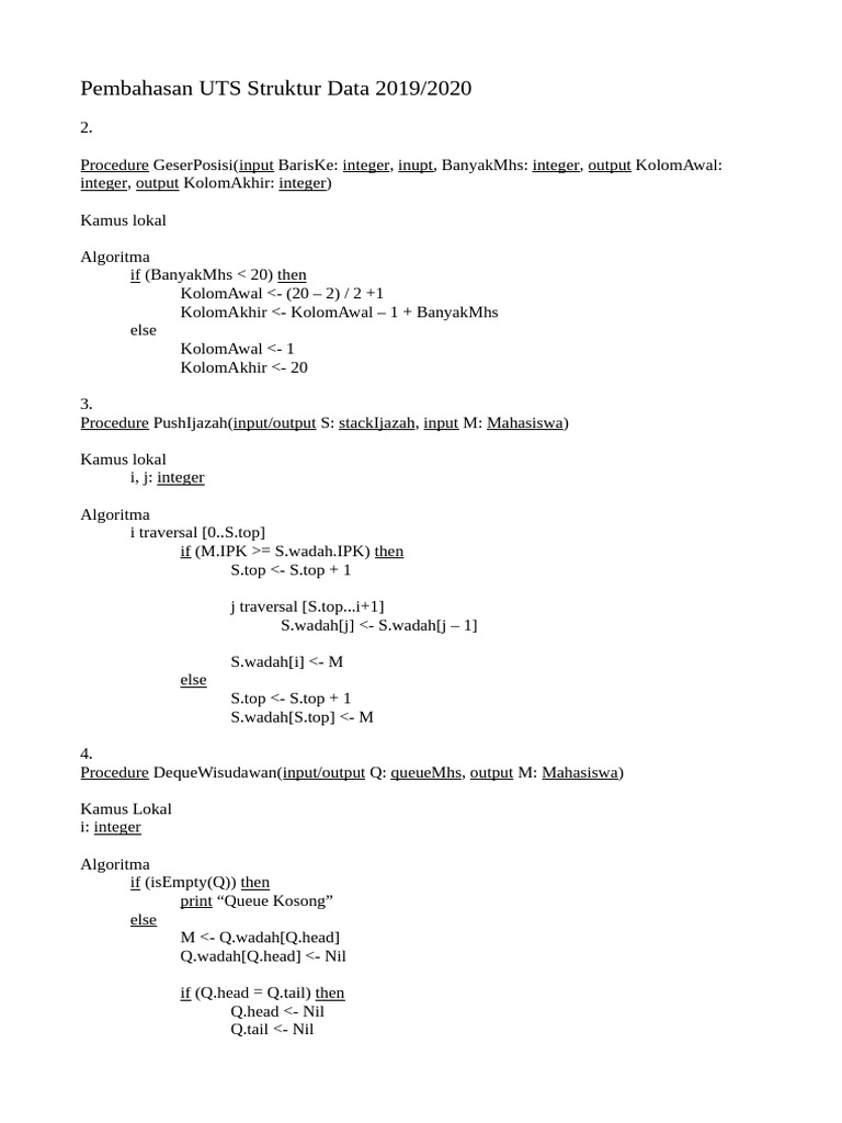 Pembahasan Uts Struktur Data 2019-2020 | PDF
