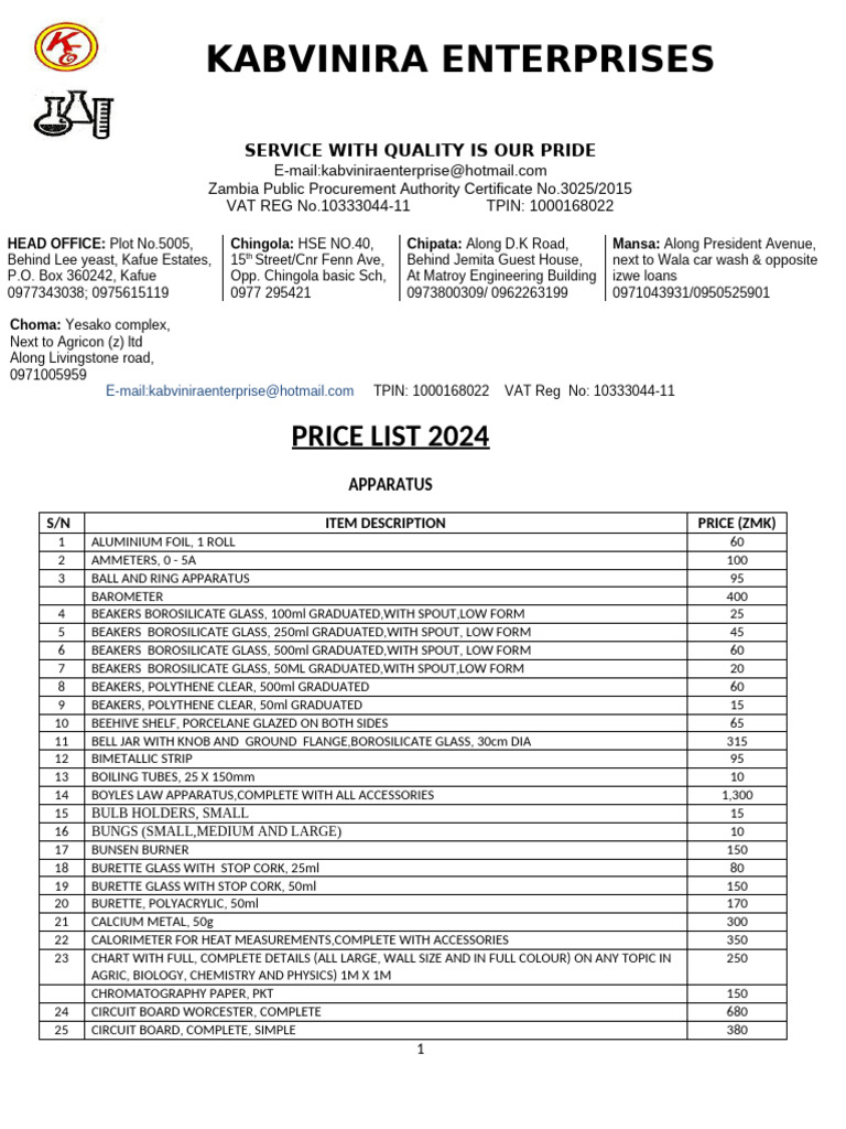 PRICE LIST CHEMICALS AND APPARATUS-2024 | PDF | Glasses | Magnet