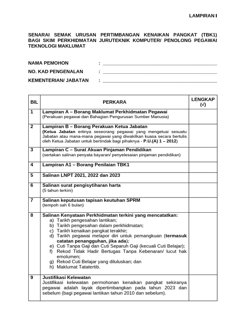 Lampiran I Senarai Semak Urusan TBK1 Skim F | PDF