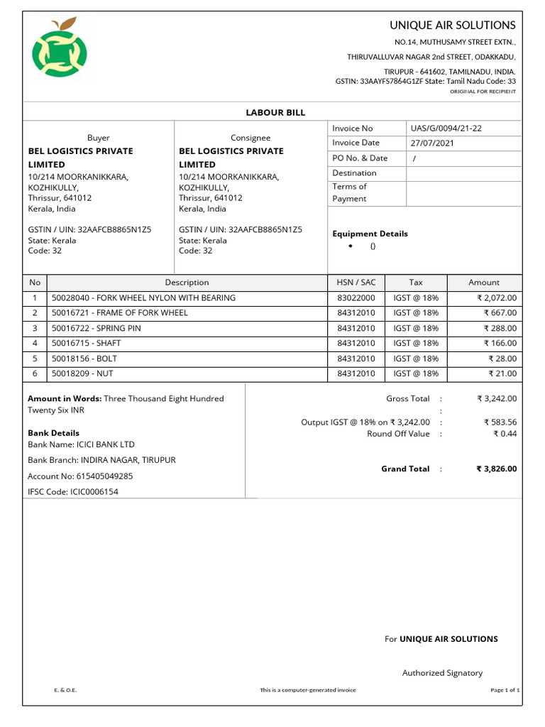 BELL LOGISTICS SALE INVOICE | PDF | Invoice | Taxes