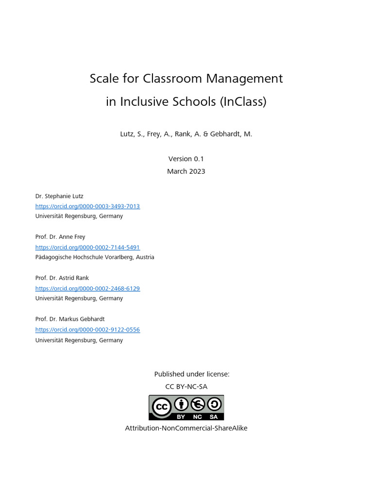 Scale For Classroom Management in Inclusive Schools (InClass) - 2023 | PDF | Classroom ...