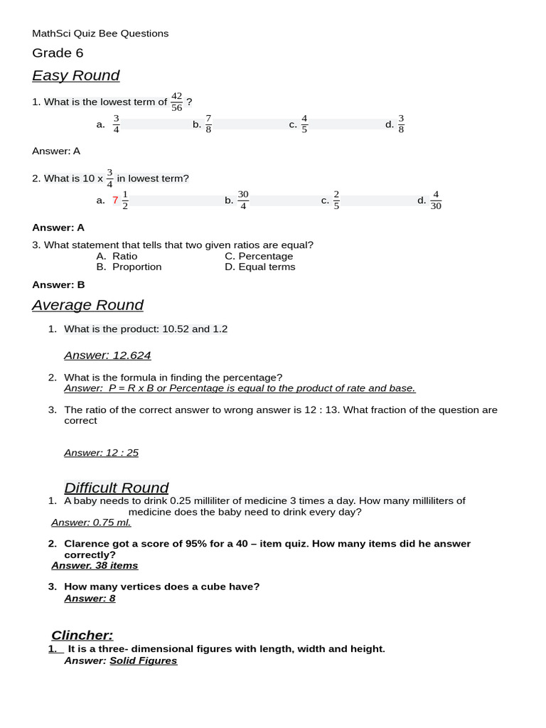 MathSci Quiz Bee Questions Grade 6 | PDF