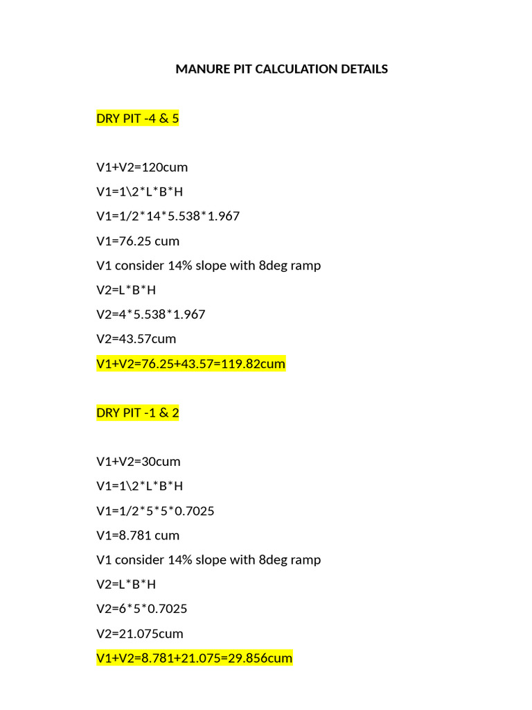 Manure Pit Calculation Sheet | PDF
