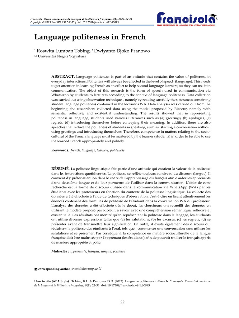 Language Politeness in French | PDF | Human Communication | Linguistics