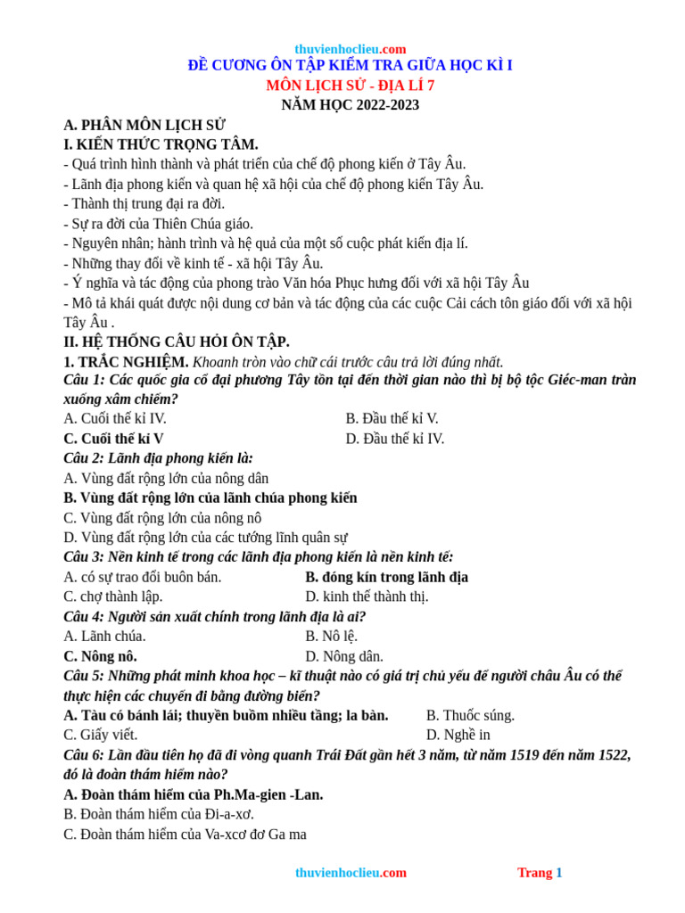 De Cuong On Tap Lich Su Dia Li 7 Giua HK 1 Nam 2022 2023 | PDF