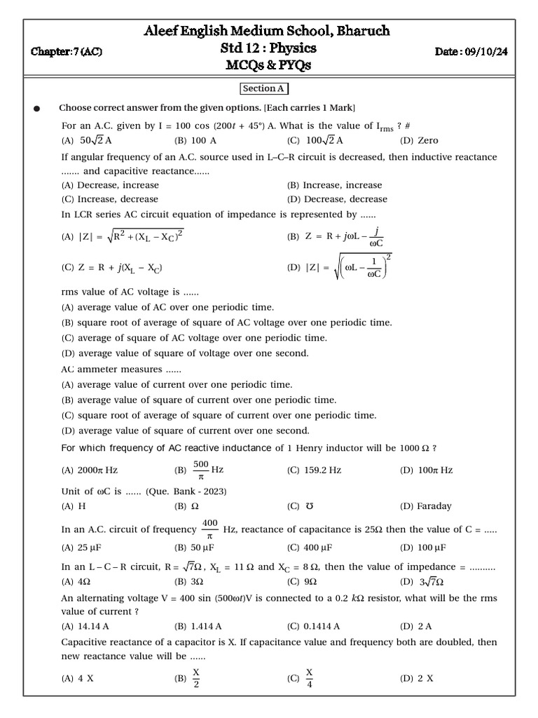 MCQs&PYQs - D09 Oct 2024 1 | PDF | Metrology | Physical Quantities