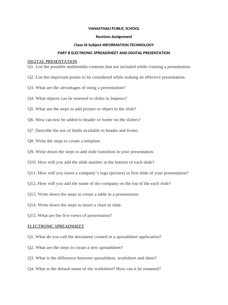 Revision Worksheet - Class 9 - Part B | PDF | Spreadsheet | Formula