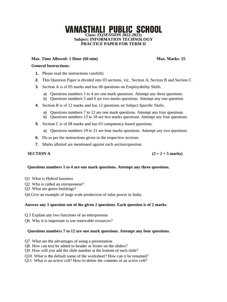 Class IX IT Term II Practice Paper | PDF | Spreadsheet | Computing