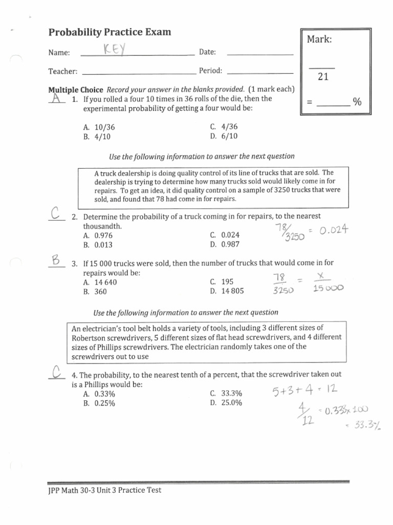 Probability Practice Test Answer Key | PDF