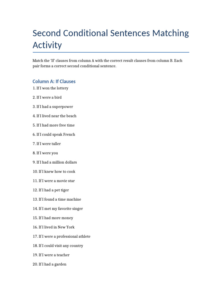Second Conditional Sentence Matching Activity | PDF | Art | Young Adult