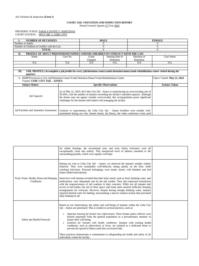 Court Jail Visitation and Inspection Report - 2nd Quarter 2024 | PDF ...