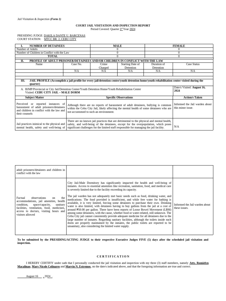 Court Jail Visitation and Inspection Report - 3rd Quarter 2024 | PDF ...
