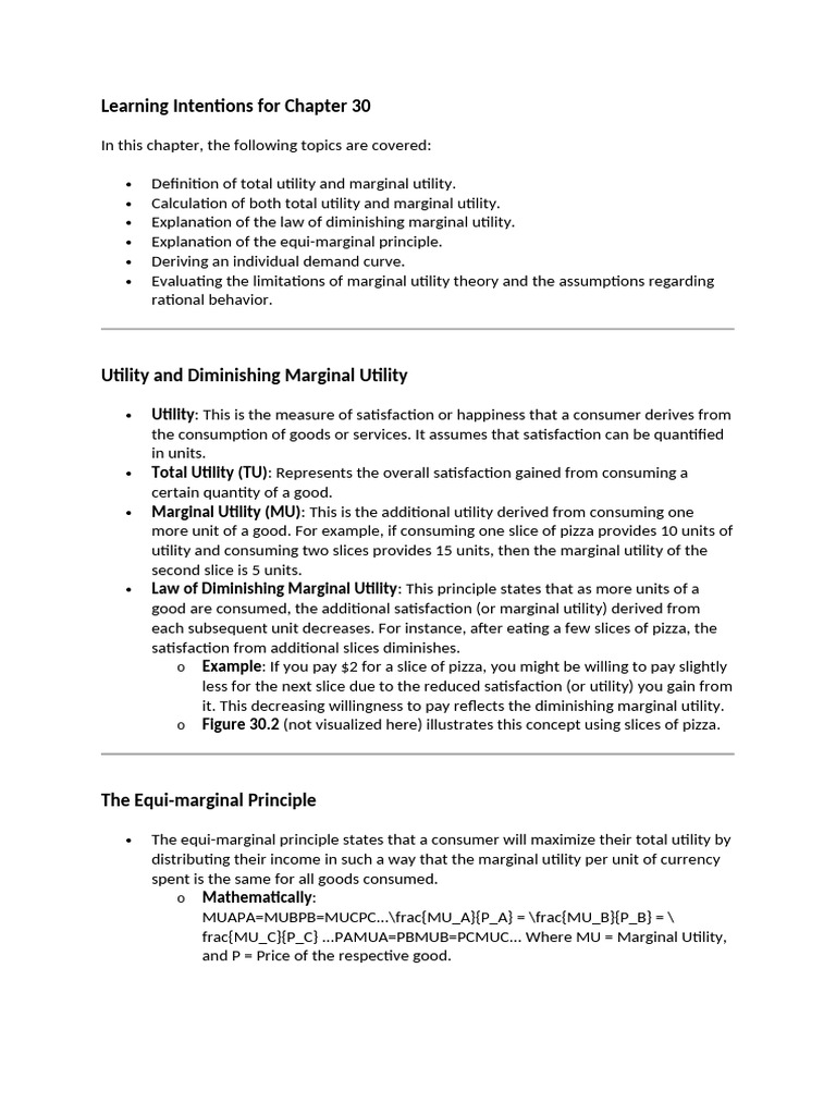 Learning Intentions For Chapter 30 | PDF | Utility | Marginal Utility