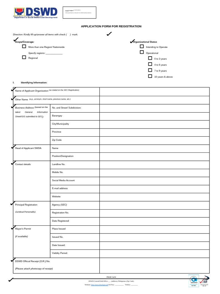 DSWD SB GF 100 - Rev 00 - Application Form For Registration MC21 S2022 ...