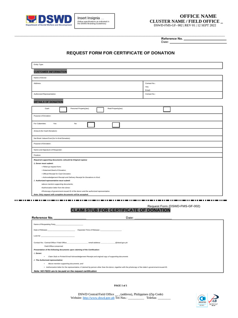 DSWD FMS GF 002 - Rev 01 - Request Form For Certificate of Donation | PDF