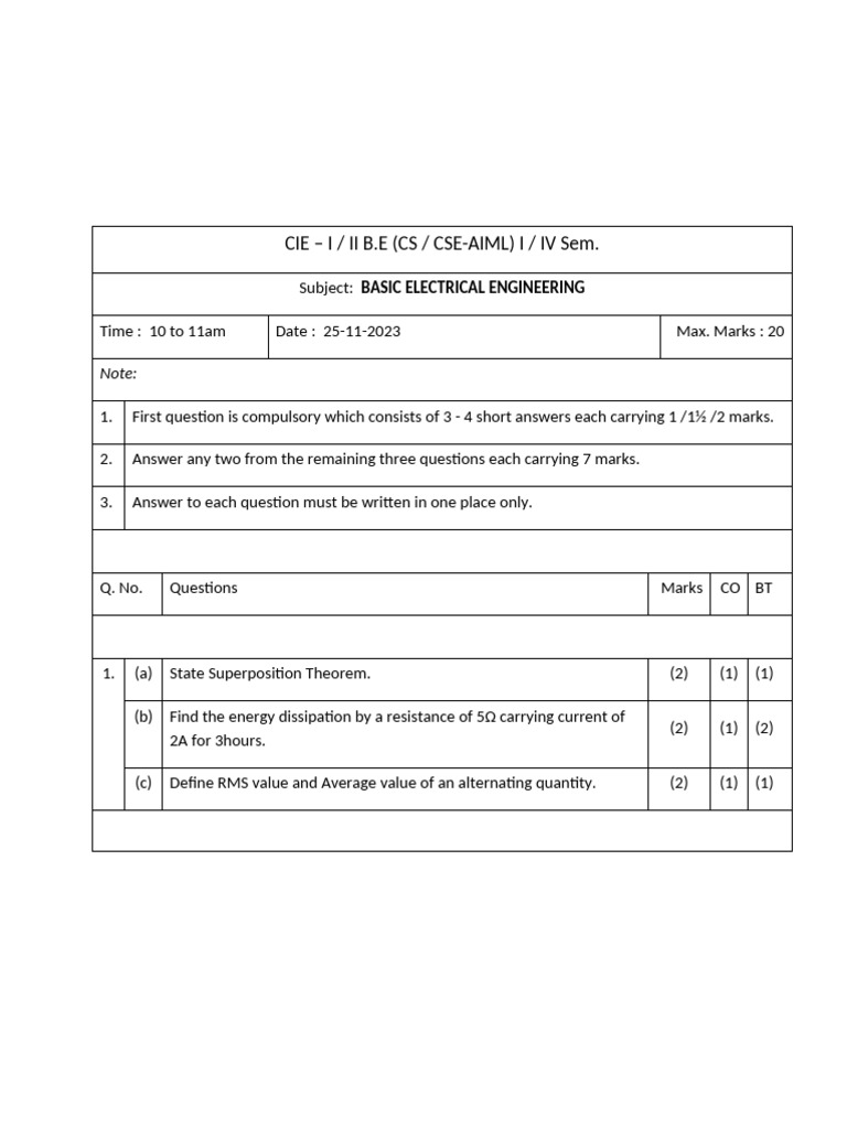 BEE Question paper updated | PDF | Electrical Engineering | Electricity