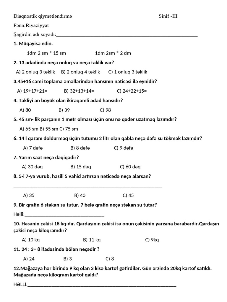 Riyaziyyat DQ 3 Sinif | PDF