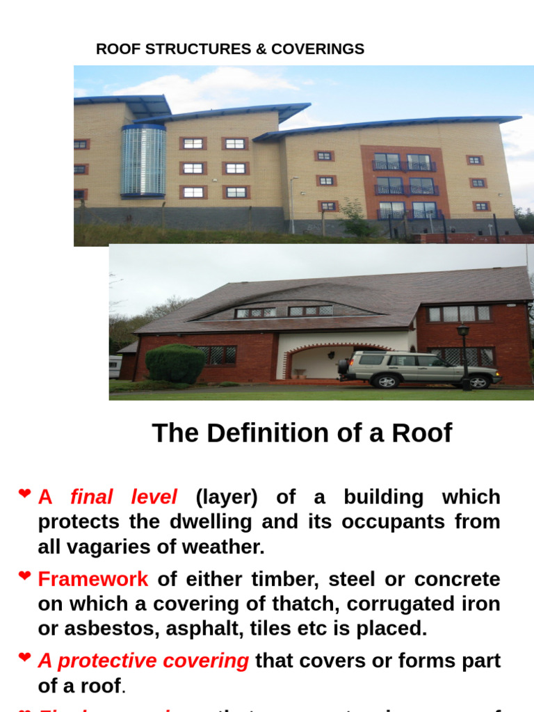 Lecture 9a Roof Structures & Covering | PDF | Roof | Building Insulation Lecture 9a Roof Structures & Covering | PDF | Roof | Building Insulation