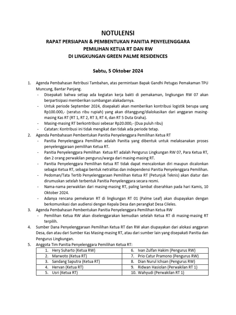 Notulensi Rapat Persiapan Pemilihan Ketua RT RW - 5 Okt 2024 Rev | PDF | Perjalanan