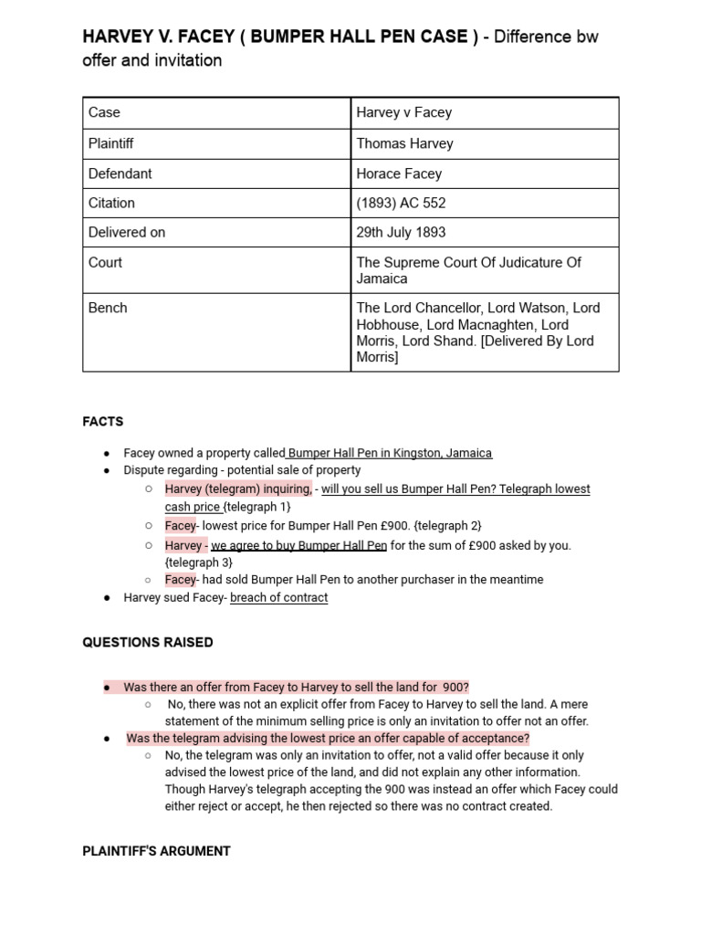 Harvey V Facey Case Brief | PDF | Business Law | Private Law