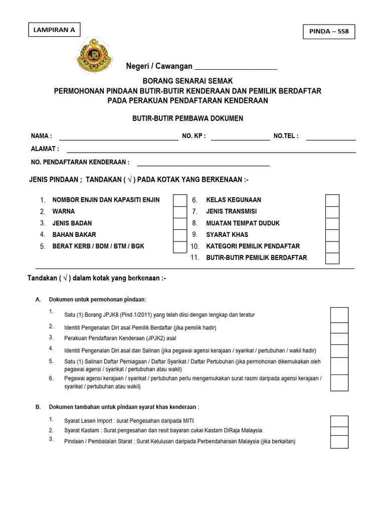 Borang Senarai Semak Pindaan Kenderaan K8 | PDF