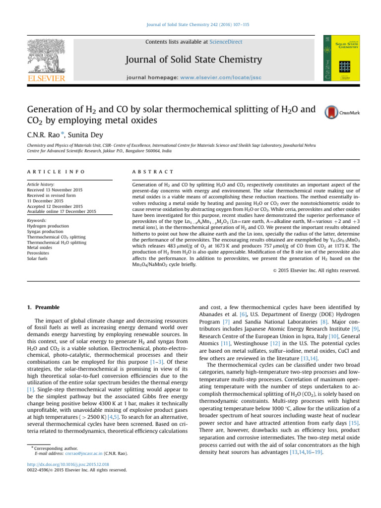 2016 - CNR Rao - Generation of H2 and CO by Solar Thermochemical ...