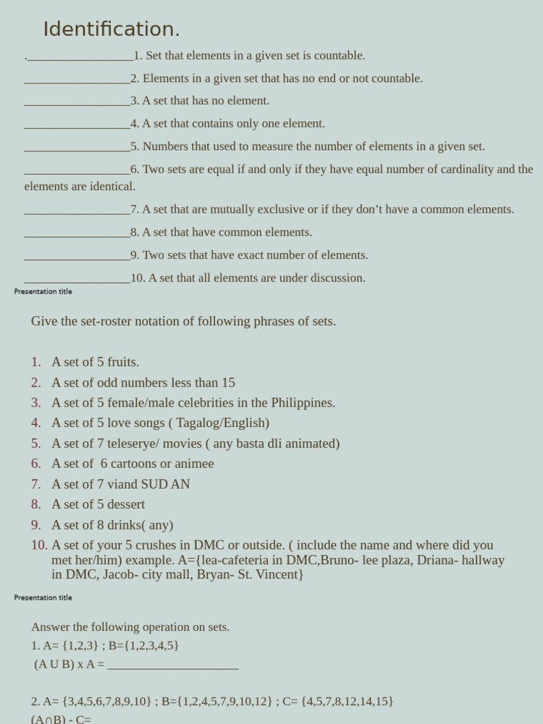 sets and operation on sets activities | PDF | Mathematical Logic | Infinity
