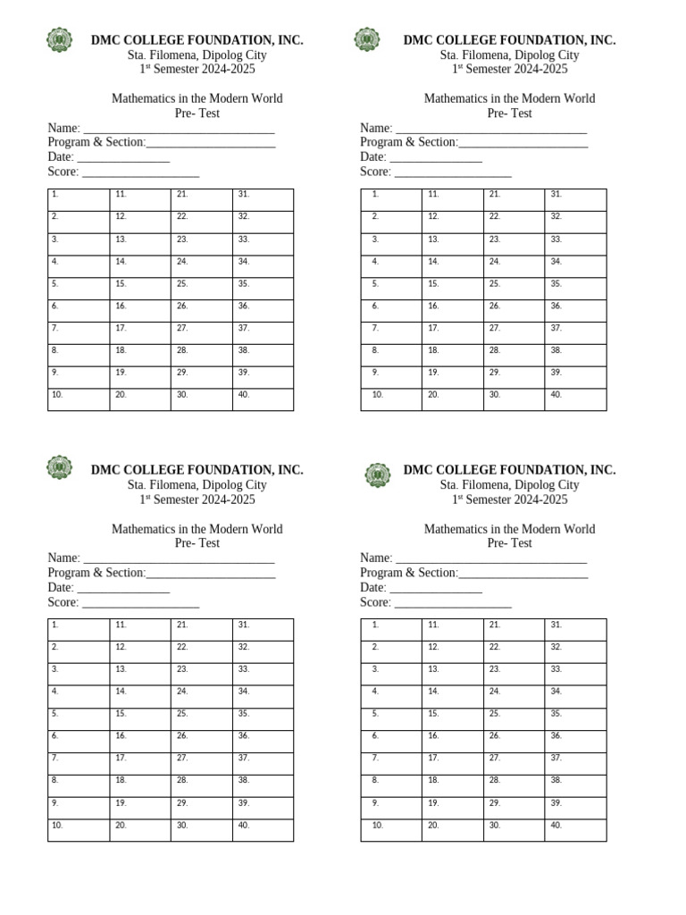 Pre Test Answer Sheet | PDF | Teaching Methods & Materials
