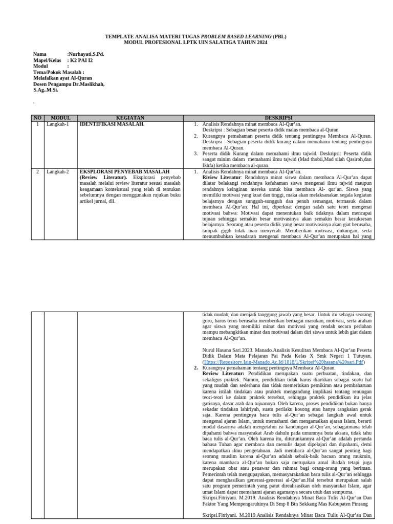 PBL Template Analisa Materi Modul Profesional - PBL | PDF