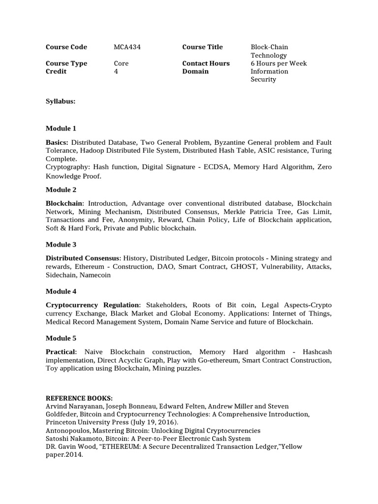 MCA434 Block-Chain Technology Syllabus | PDF | Bitcoin | Cryptocurrency