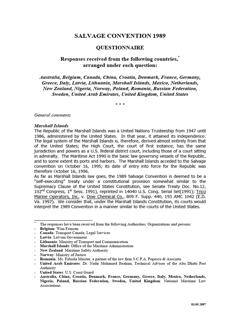 Implementation of The Salvage Convention 1989 Full Text With Responses To Questionnaire | PDF ...