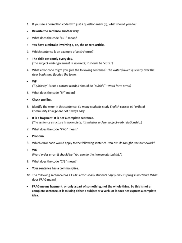 Grammar Error Codes Guide | PDF | Language Arts & Discipline