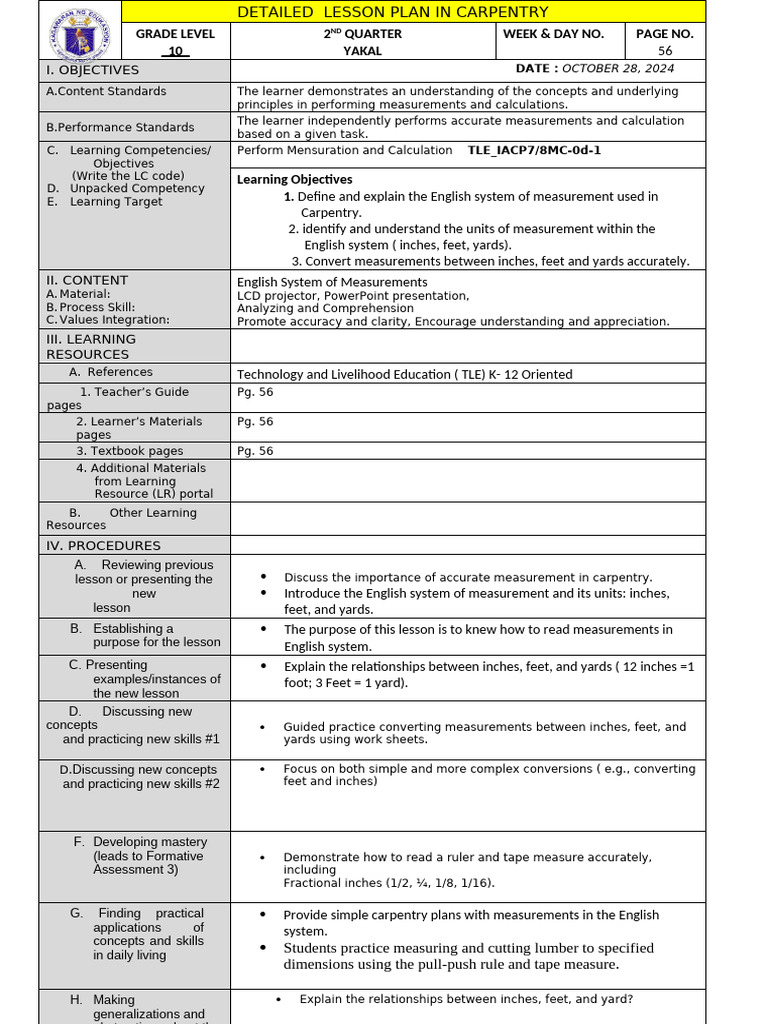 NEW LESSON PLAN | PDF | Learning | Measurement
